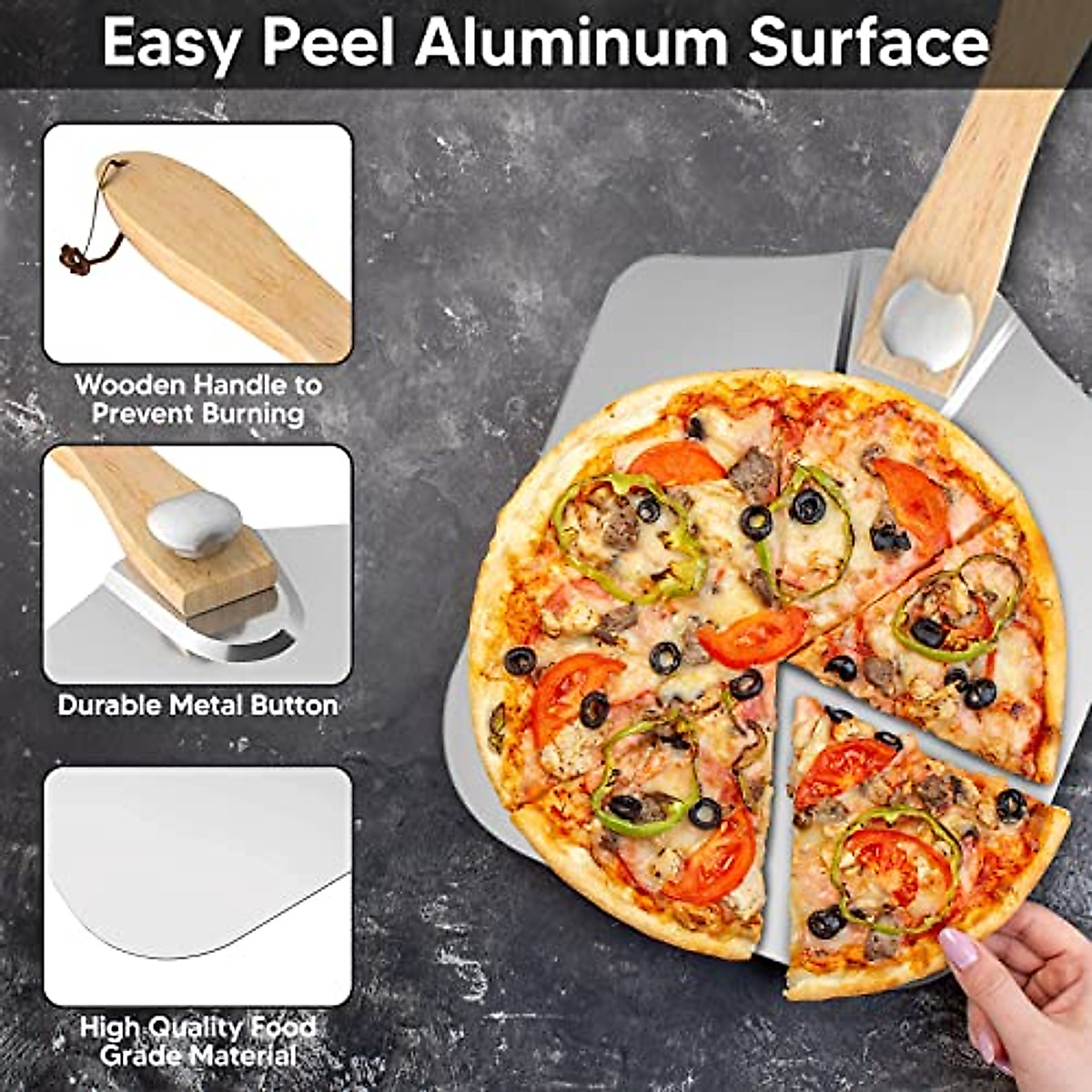 Kitchenware Hero Pizza Peel Aluminum Metal Pizza Paddle With Long Wood Handle,Easy Storage Pizza Shovel For Pizza, Baking, Bread Silver 1214 inch2, 12x14x2