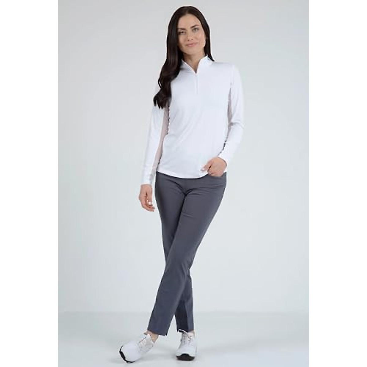 IBKUL Athleisure Wear Sun Protective UPF 50+ Icefil Cooling Tech Long Sleeve Mock Neck Top with Under Arm Mesh 80000 White Solid M