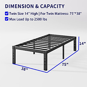 Neslime 14 Inch Twin Bed Frame No Box Spring Needed, Metal Platform Twin Size Bed Frame, Heavy Duty, Easy Assembly and Noise Free, Black