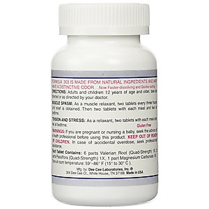 Dee Cee Labs Formula 303 Maximum Strength All-Natural Relaxant Tablets, 250 Tablets; All-Natural Relaxant containing Magnesium for Sore Muscles, Passion Flower, and Valerian Root