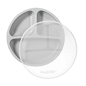 PandaEar Silicone Suction Plates for Babies & Toddlers, 3 Pack Divided Unbreakable Plates with Lid - Non-Slip - Dishwasher and Microwave Safe (Creamy Grey Brown)