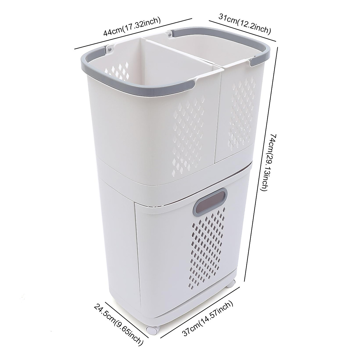 2 Tier Plastic Laundry Basket With Wheels,Movable Household Laundry Basket，Bathroom Clothes Storage Basket Cart,Floor-Standing Hand-Held Laundry Basket for Home,White