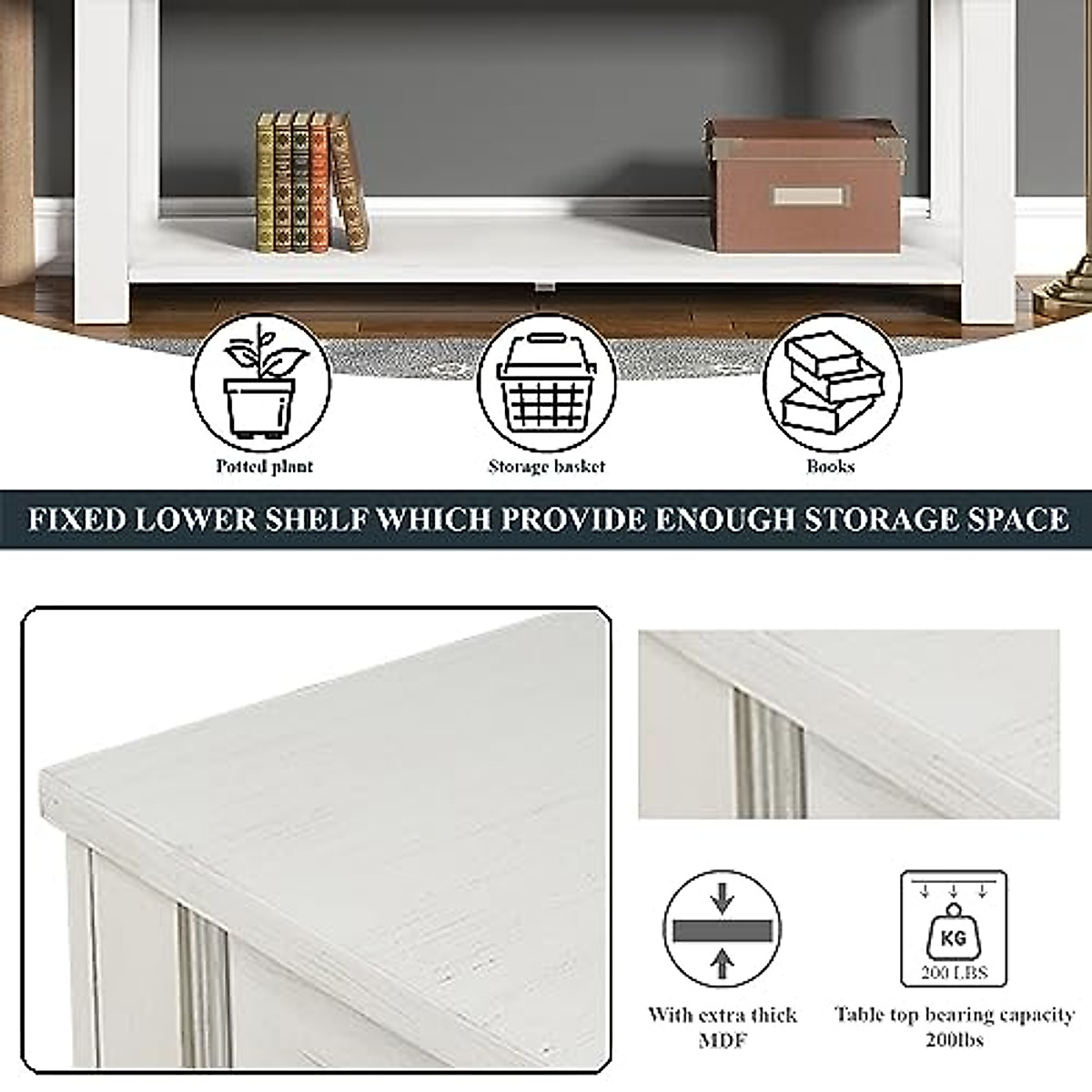 YWUFUART 63" Solid Wood Console Table,Pine Wood Sofa Table with 4 Storage Drawers,Retro Entry Table for Living Room,Hallway,Entryway,Foyer,Antique White