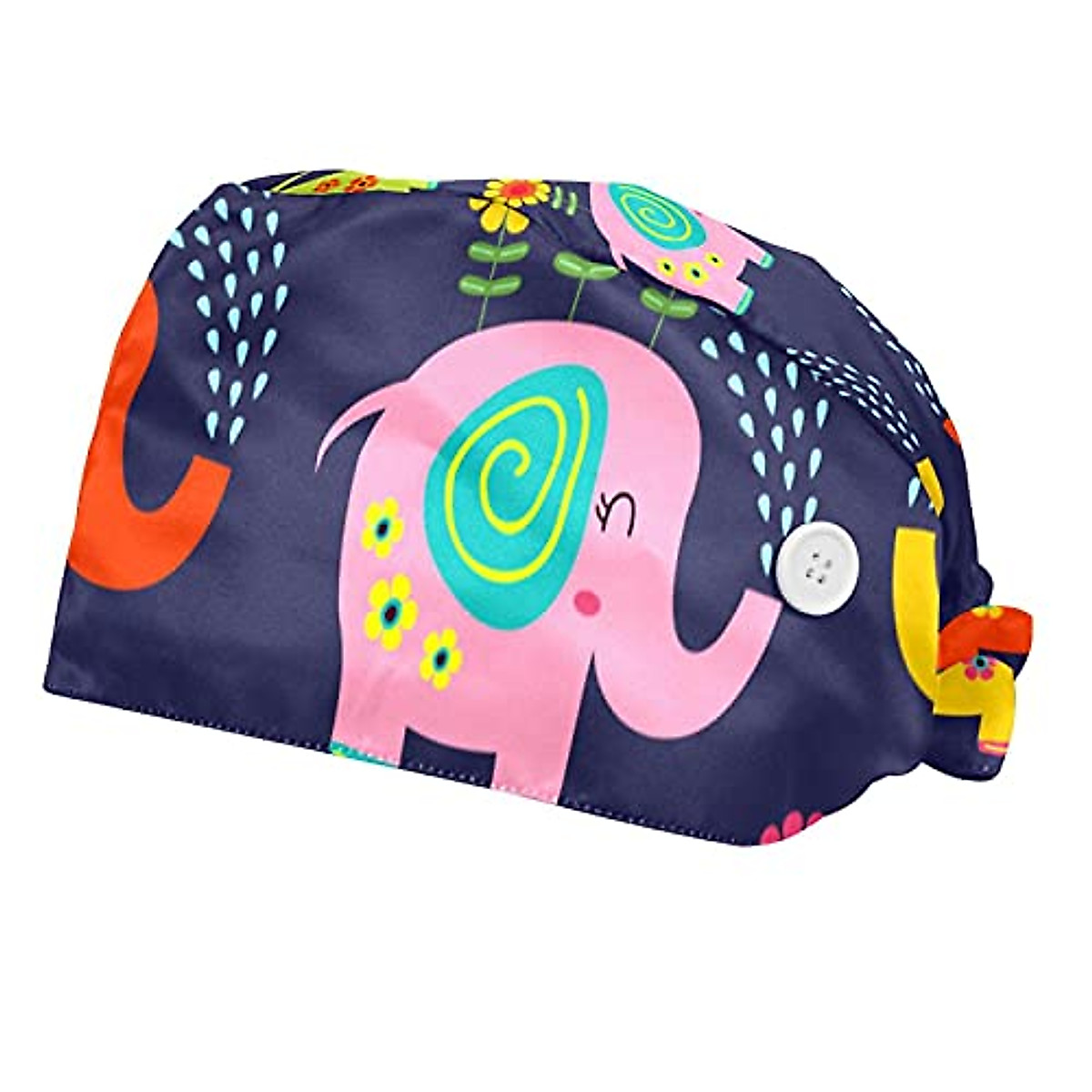 2 PCS Working Cap with Buttons and Sweatband Unisex Adjustable Tie Back Hats Bouffant Caps Cute Cartoon Boho Elephant Water Spray Sunflower Scrub Hat Turban Cap