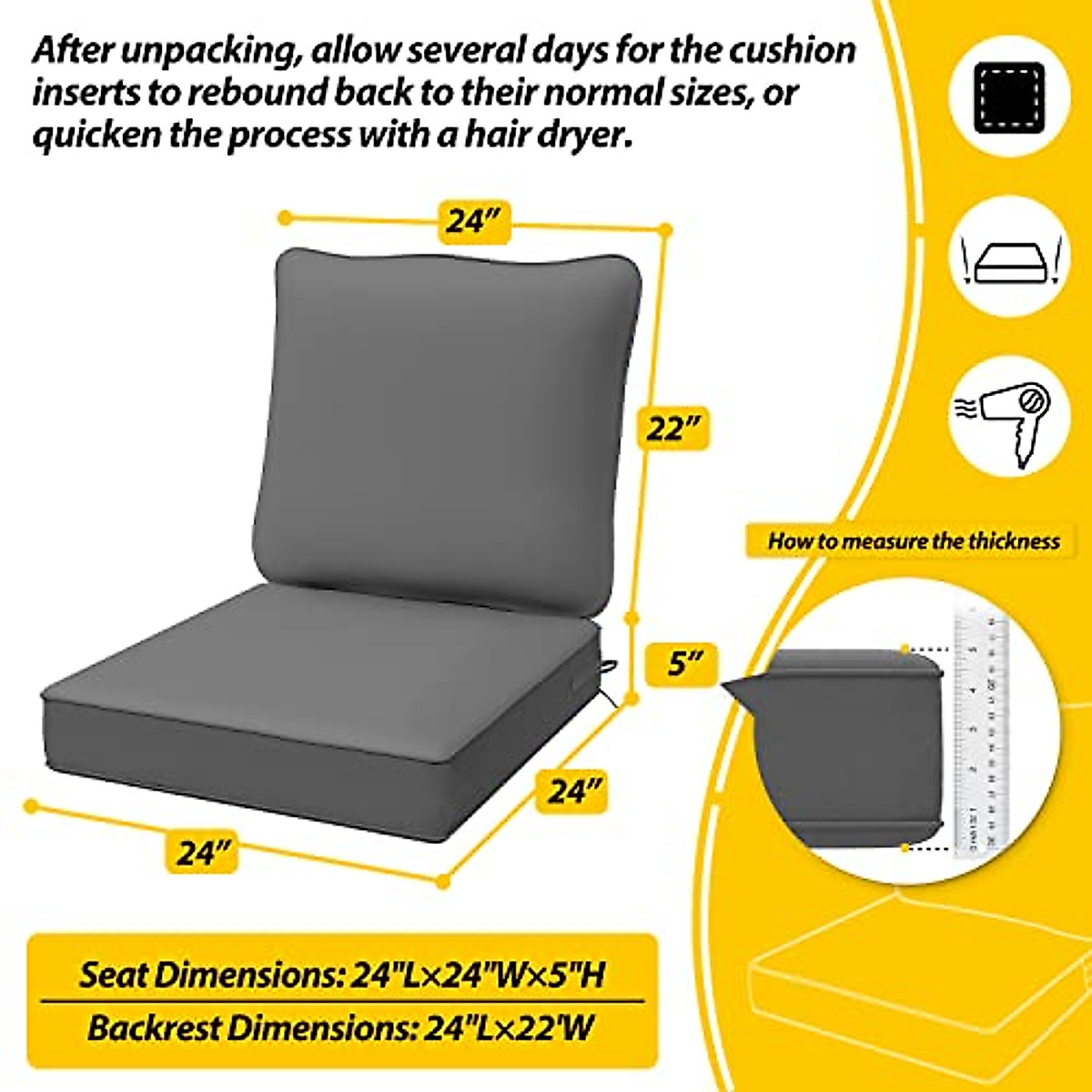 AAAAAcessories Outdoor Deep Seat Cushions for Patio Furniture, Water-Resistant Replacement Patio Chair Cushions Set of2,24 x24 x 5 inch, Darker Gray