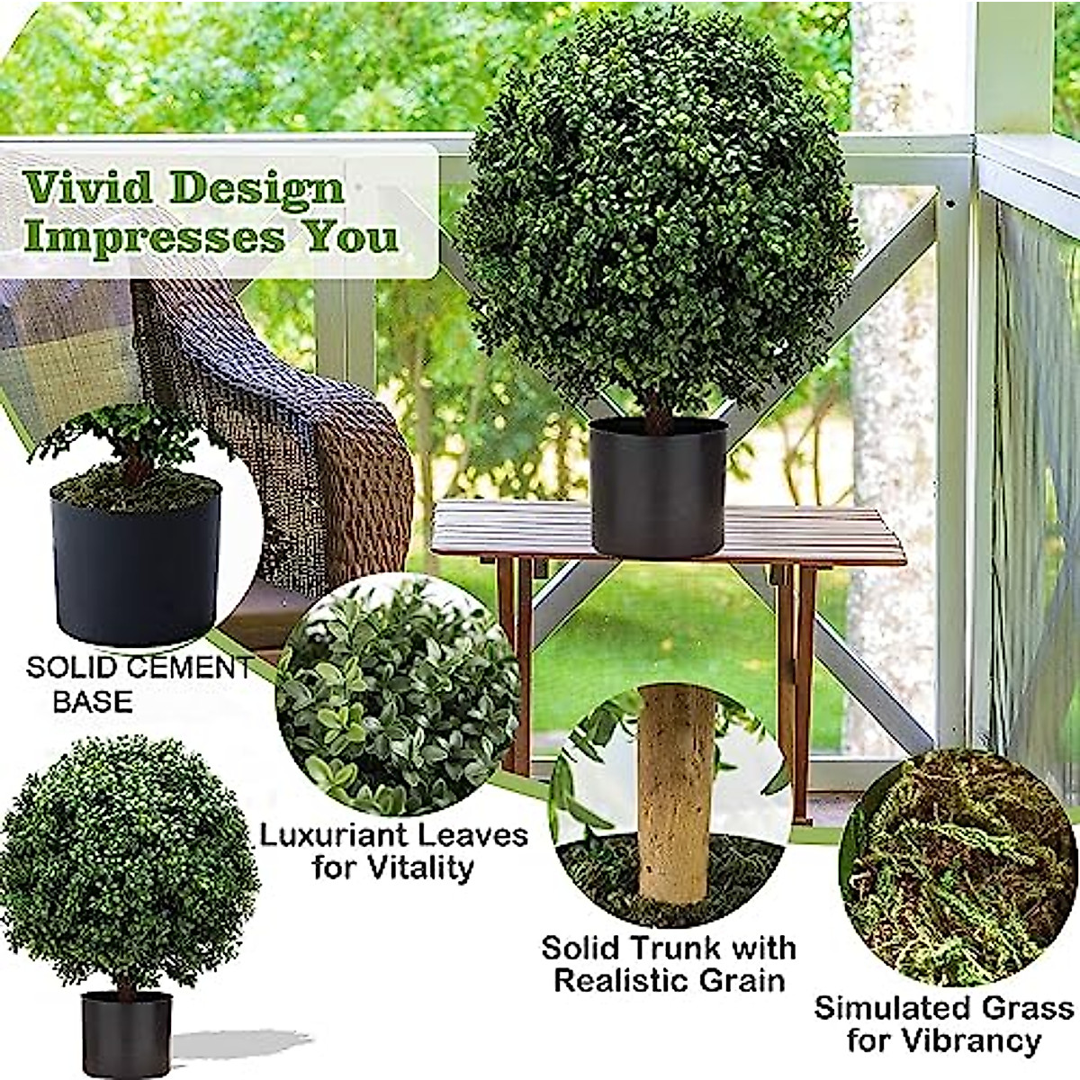 24''T Artificial Boxwood Ball Topiary Tree, Set of 2 -Pre-Potted Artificial Bushes UV Resistant, Artificial topiariy Trees for Outdoor or Indoor