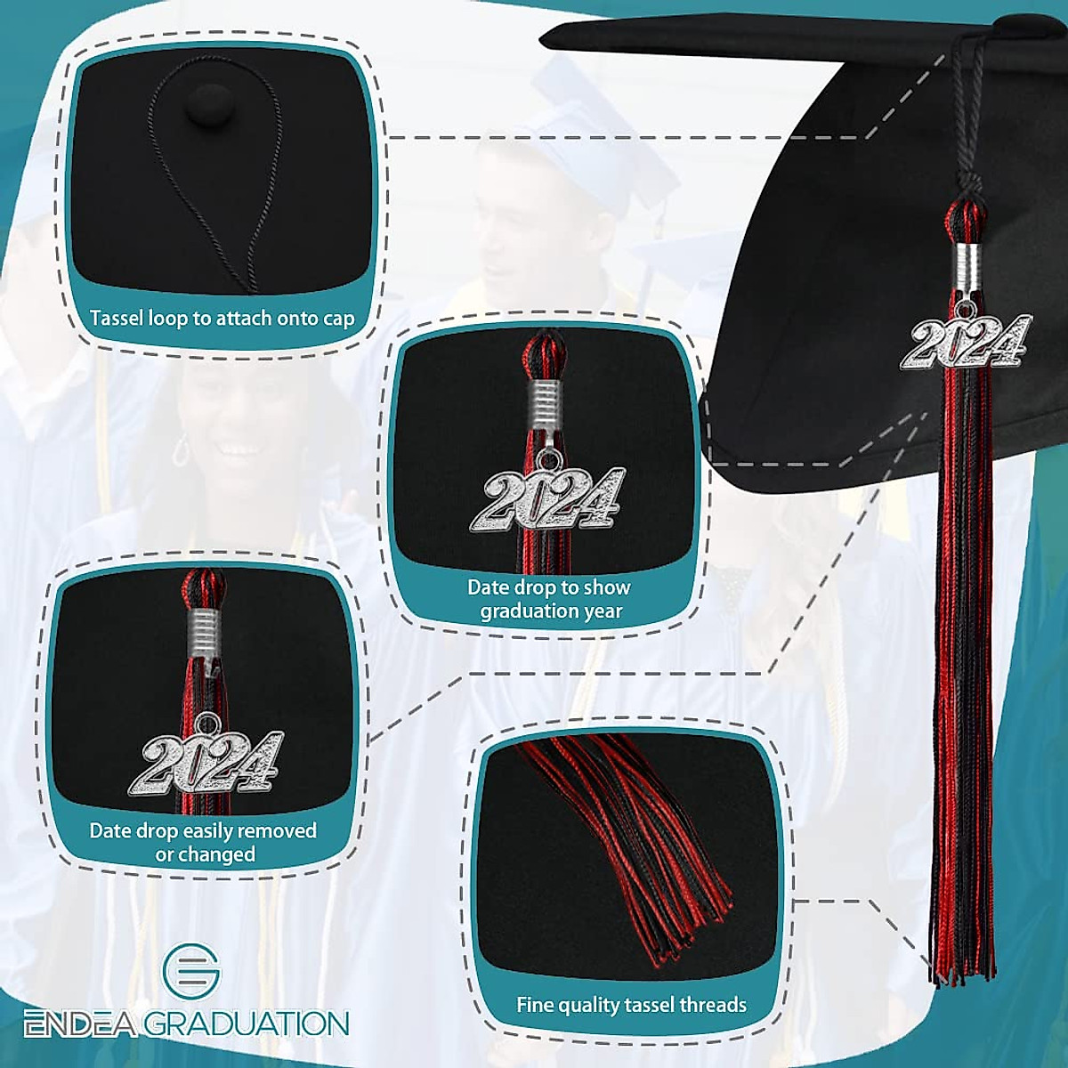 Endea Graduation Mixed Double Color Tassel with Silver Date Drop (Black/Red, 2024)