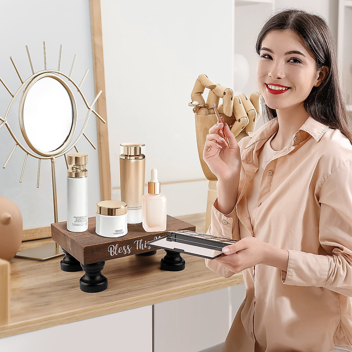 Homotte Wood Risers for Display, Wooden Square Pedestal Stand with Wooden Beads Garland, 8 Inch Small Cute Farmhouse Tray for Bathroom Decor Kitchen Sink Soap Plant Holder