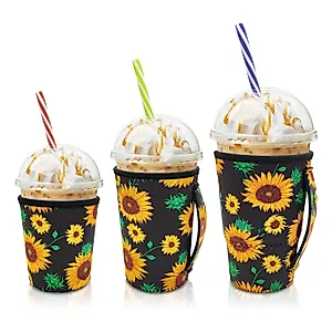 AJLTPA Iced Coffee Sleeve Insulator Sleeves for Cold Drinks Beverages, 3 Pack Reusable Neoprene Cup Sleeve with Handle for 16-32oz Coffee cups（Black Sunflower）