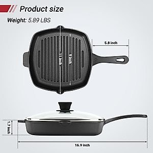 Northriver Casting 10.5 Inch Cast Iron Square Grill Pan with Tempered Glass Lid, Heavy Steak & Bacon Pans for Stove Tops