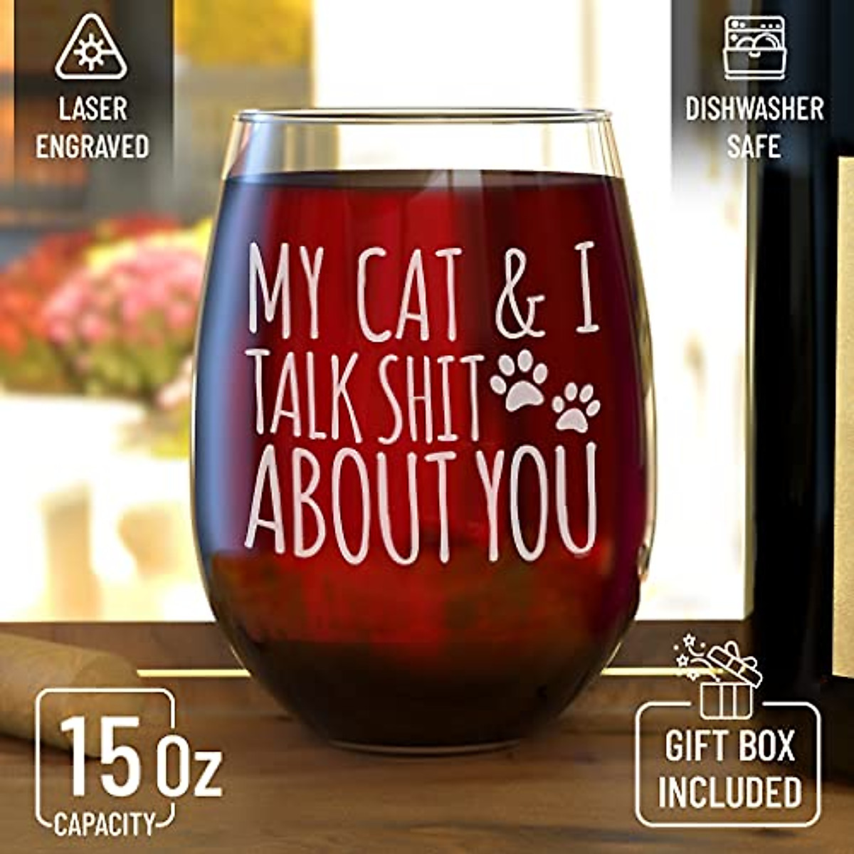 shop4ever® My Cat & I Talk About You Engraved Stemless Wine Glass Funny Cat Mom Gift