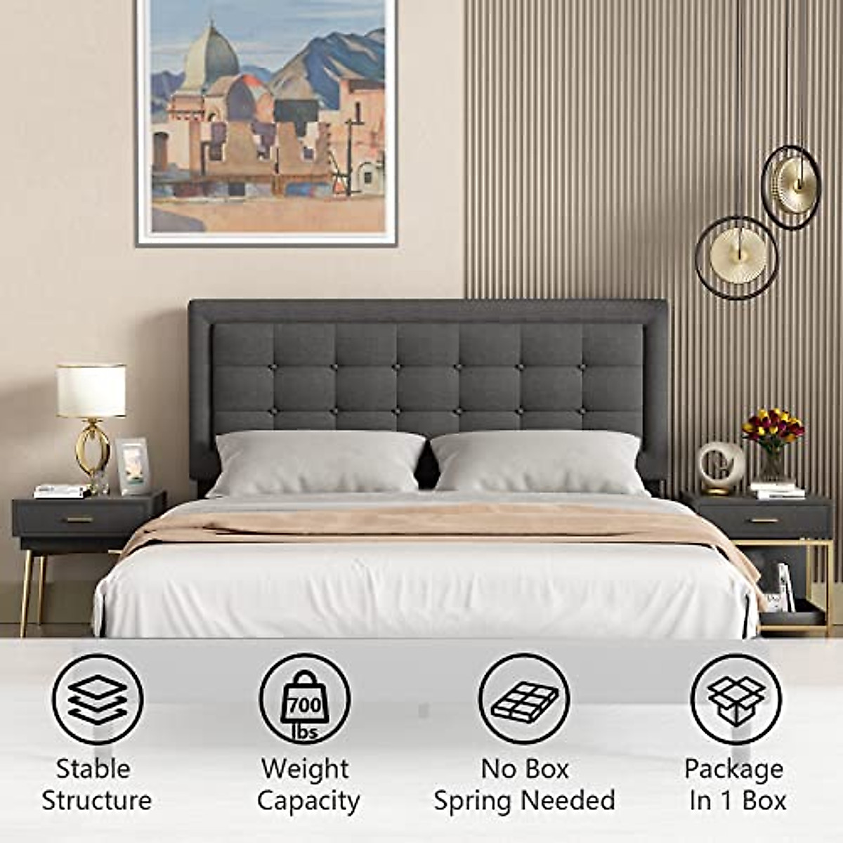 Lijimei Queen Size Bed Frame with Button Headboard, Platform Upholstered in Linen Fabric,Mattress Foundation with Wooden Slats Support, Easy Assembly, No Box Spring Needed, Dark Gray