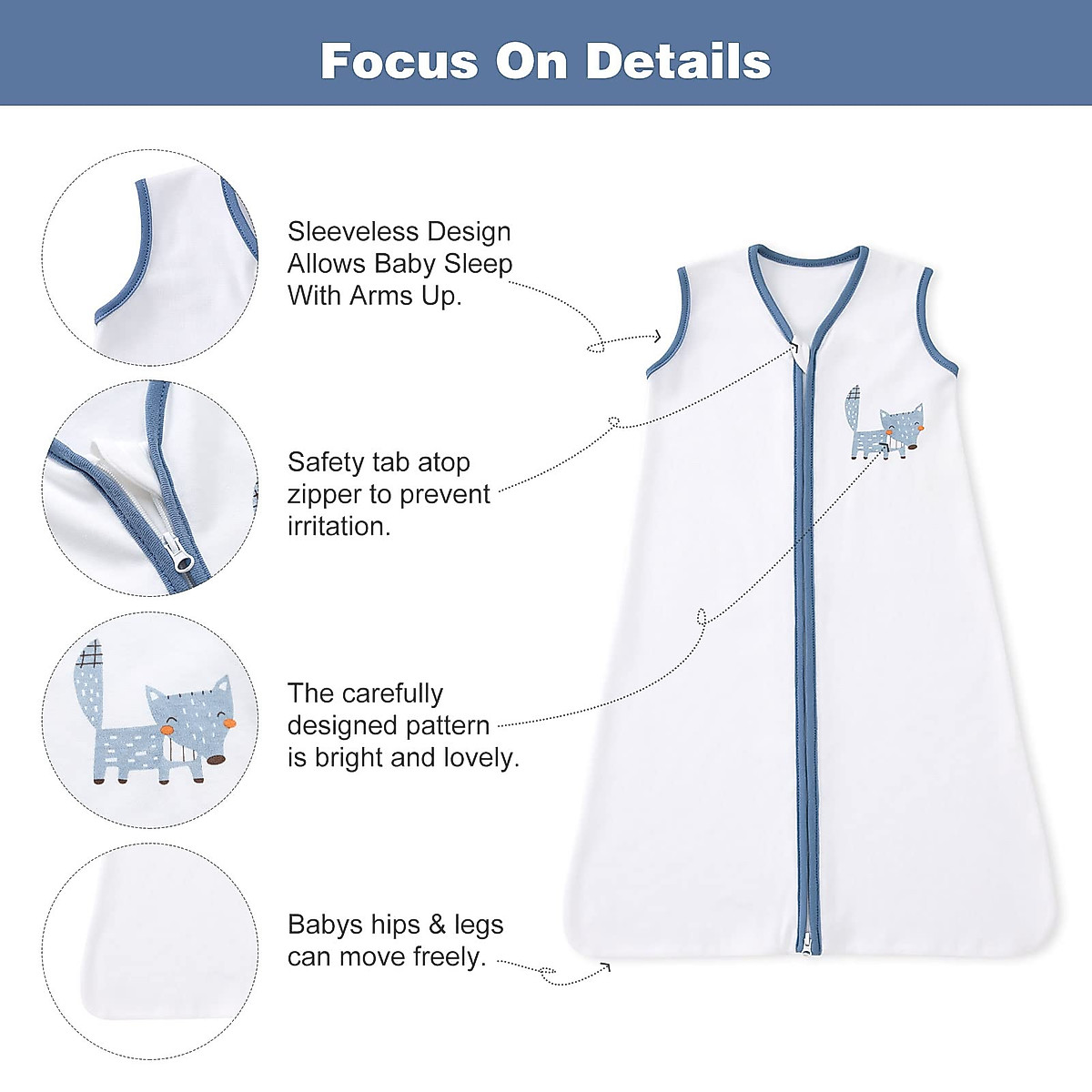 bonbonPomme Baby Sleep Sack 2 Pack -Baby Toddler Sleep Sack Sleeveless Cotton 2-Way Zipper Baby Wearable Blanket Sleeping Bag White Fox 12-18 Months