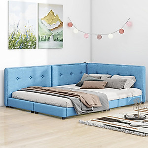 Queen Size Floor Bed Frame Toddler,with Slatted Support & USB Charging Port Platform Bed,Solid Wood Upholstered Sofa Bed for Living Room, Bedroom,Recreation Room,No Box Spring Needed (Queen)