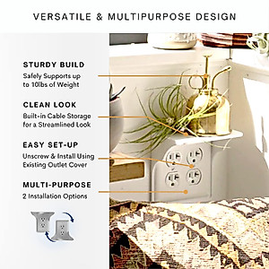 Storage Theory Power Perch Double Wall Outlet Shelf (White 1pk) - Smart Home Organization Bedroom, Space Saving Bathroom Organization for Toothbrushes, Speakers, Echo, Cell Phones. Easy Installation.