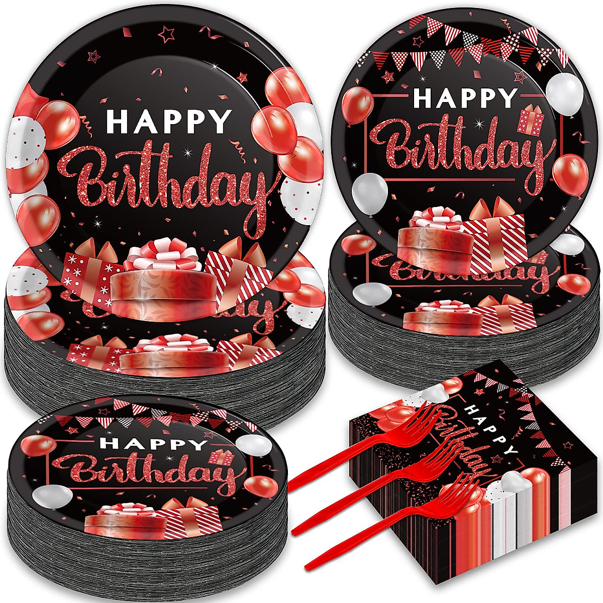 200Pcs Red and Black Birthday Party Tableware Set Confetti Sprinkles Happy Birthday Supplies Red and Black Paper Plates and Napkins Forks for Man and Woman Birthday Party Decorations for 50 Guests