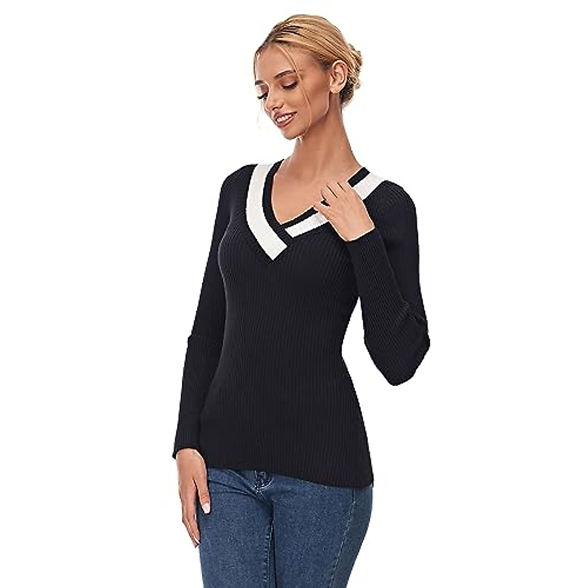 AmélieBoutik Women Color Trim V Neck Long Sleeve Ribbed Sweater Top (Black and Ivory White Large)