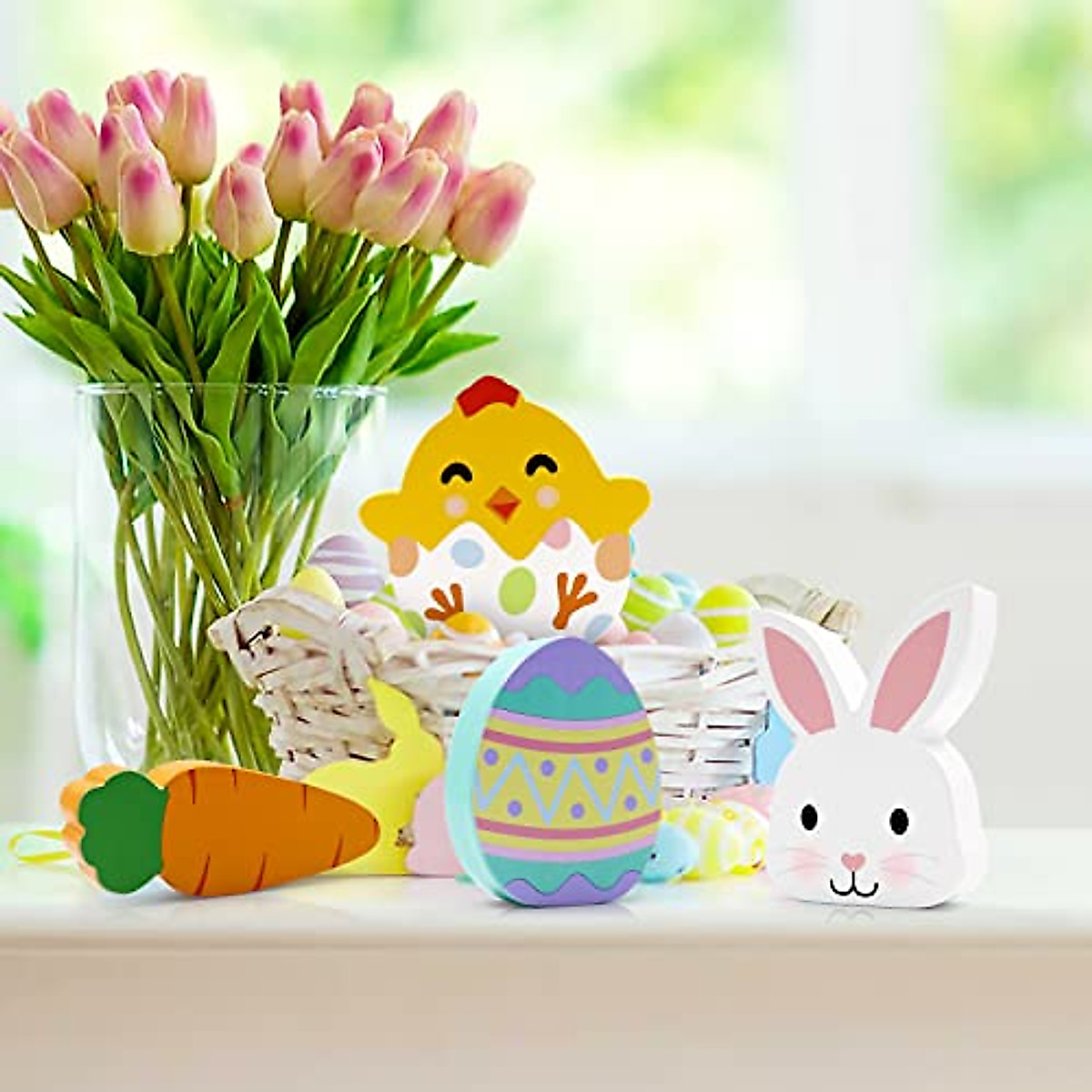Huray Rayho Easter Wood Blocks Spring Tabletop Decoration Happy Easter Tiered Tray Decor Farmhouse Bunny Chick Carrot Egg Mini Wooden Signs