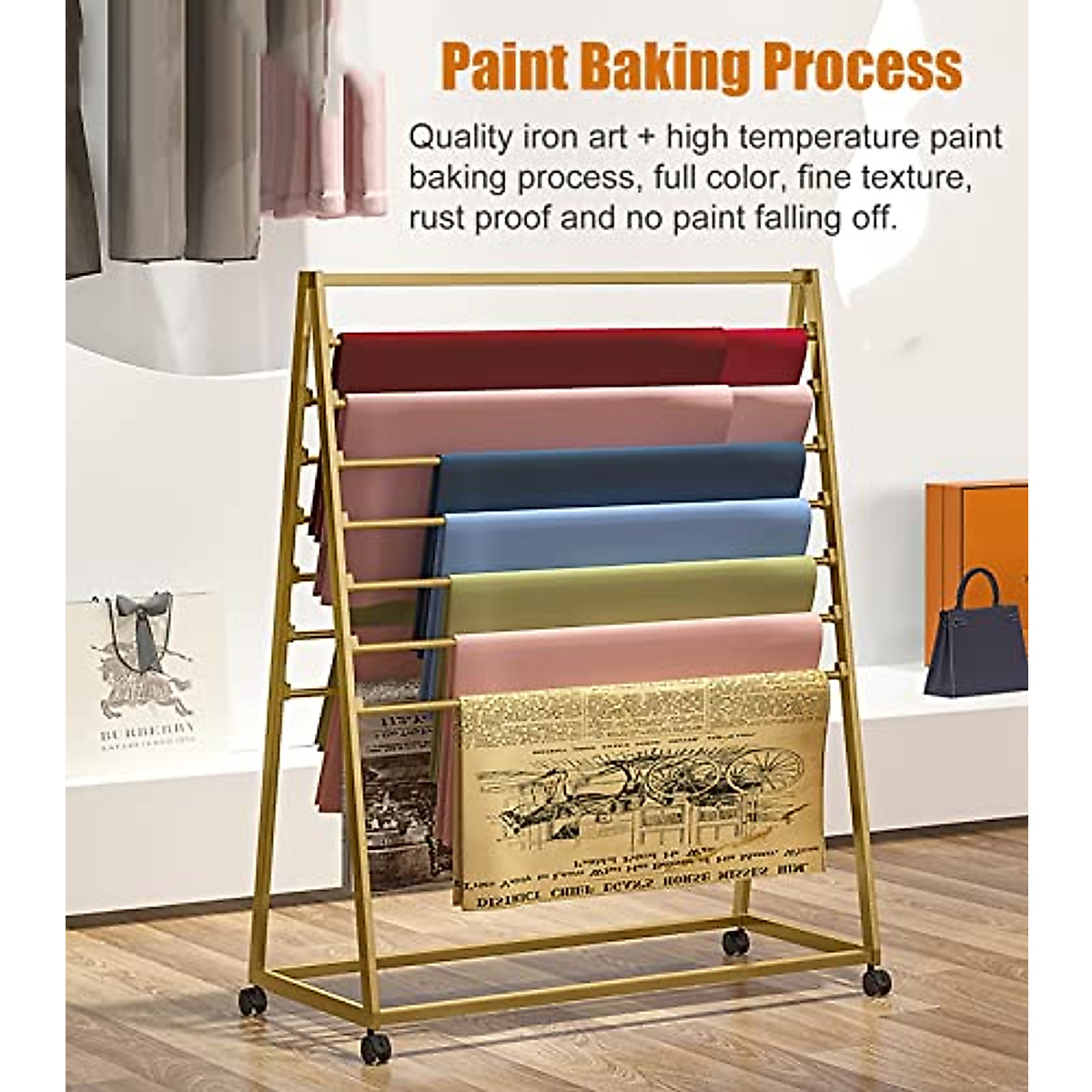 Freestanding Movable Scarf Rack Stand/Wrapping Paper Storage Organziers with Wheels, Metal Modern Double-Side Tall Display Shelf for Flower Shop/Retail Stores/Craft Room