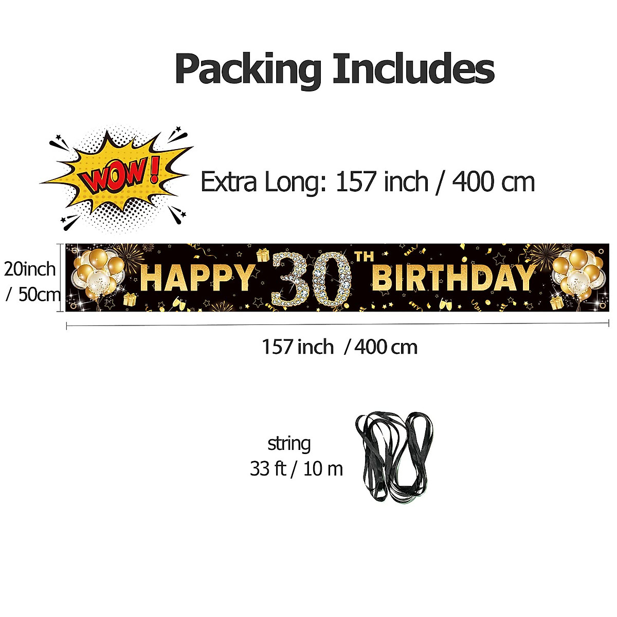 30th Birthday Party Decorations Yard Banner for Women Men, Black Gold Thirty Year Old Birthday Party Decorations for Him Her, 157 x 20inch Extra Large Birthday Party Backdrop Supplies PHXEY