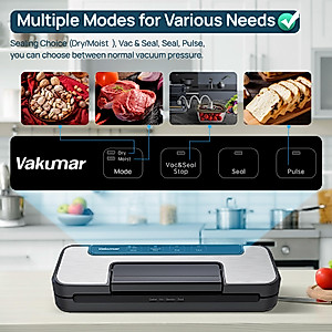 Vakumar Vacuum Sealer Machine, 80Kpa Food Vacuum Sealer Machine with Double Pump, Dry,/Moist, Pulse Mode, Handle Locked Design, LED Indicator Light & Cutter,12MM Widened Heating Strip