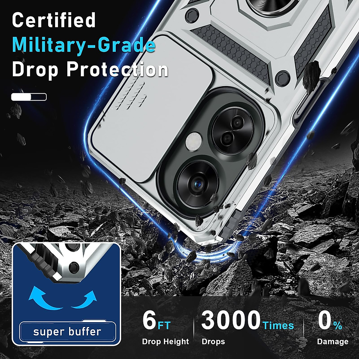 Janmitta Compatible with OnePlus Nord N30 5G Case Built in Slide Camera Lens Cover+Screen Protector+Finger Ring Holder Kickstand,Heavy Duty Shockproof Full Body Protective Phone Cover,2023 Silver