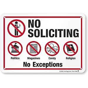 SmartSign 7" x 10" 'No Soliciting - No Exceptions Politics Magazines No Candy No Religion' Metal Sign, 40 mil Aluminum 3M Laminated Engineer Grade Reflective, Red, Black and White, USA-Made