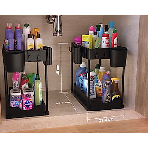 SLAH Pack of 2 Under Sink Organizers and Storage for Bathroom - 2 Tier Undersink Storage with Sliding Drawer and Hanging Hooks - Multi-purpose Organization for Kitchen Sink Organizer Under Cabinet