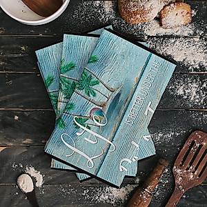 Summer Tropical Palm Tree Ball Teal Plank Kitchen Towels Dish Cloth Towel Absorbent Hand Towel Cleaning Cloth,Life Quote Farm Retro Wood Board Dishcloth Quick Drying for Dishes Counter 4 Pack