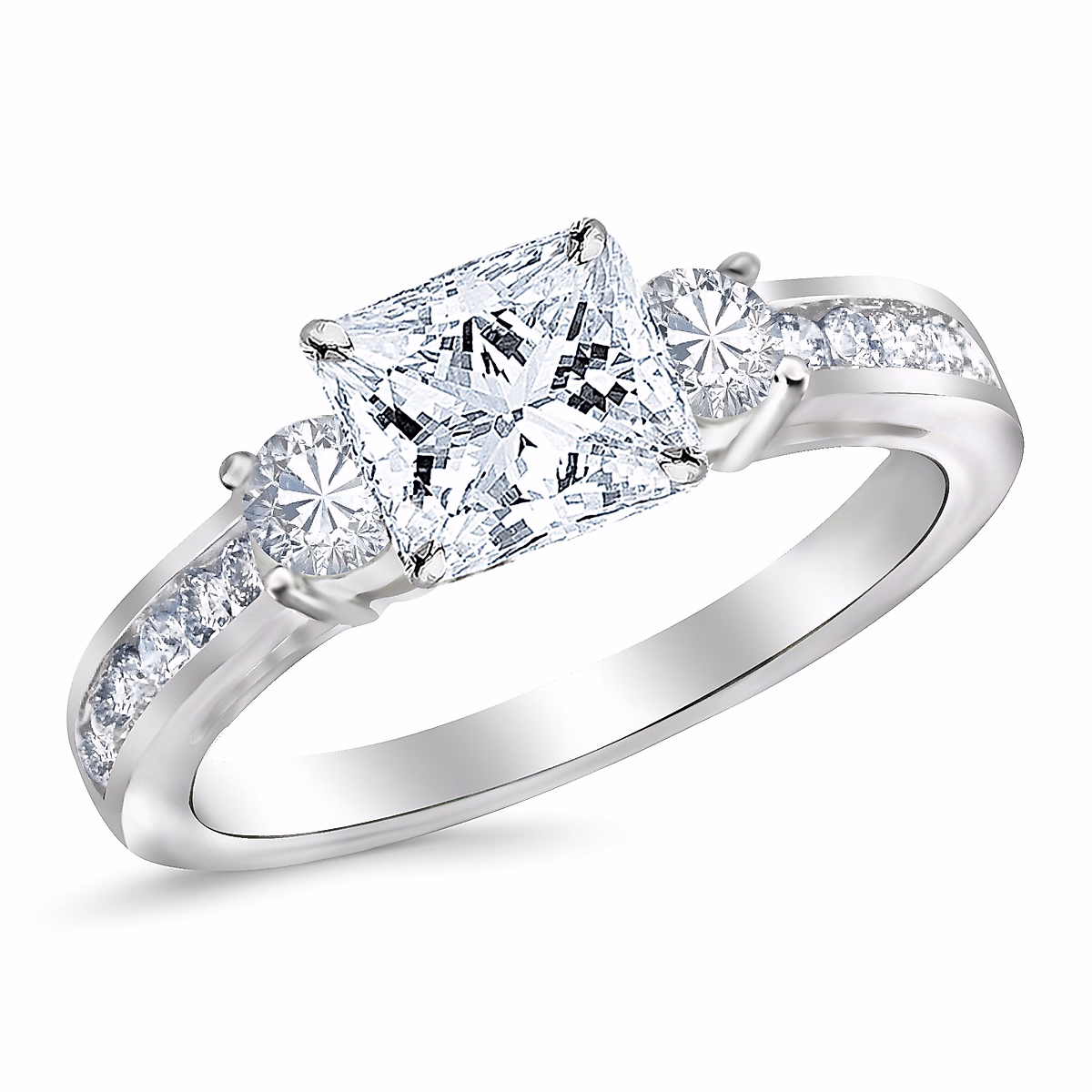 Houston Diamond District - White Gold 3 Stone Channel Set Princess Cut Diamond Engagement Ring with a 0.51 Carat GIA Certified Princess Cut K Color VS2 Clarity Center Stone | 11 7 3