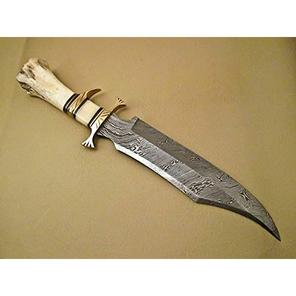 Custom Hand Made Forged Damascus Steel Hunting Bowie Knife Fixed Blade Leather Handle Camel Bone With Leather Sheath Full Tang 967