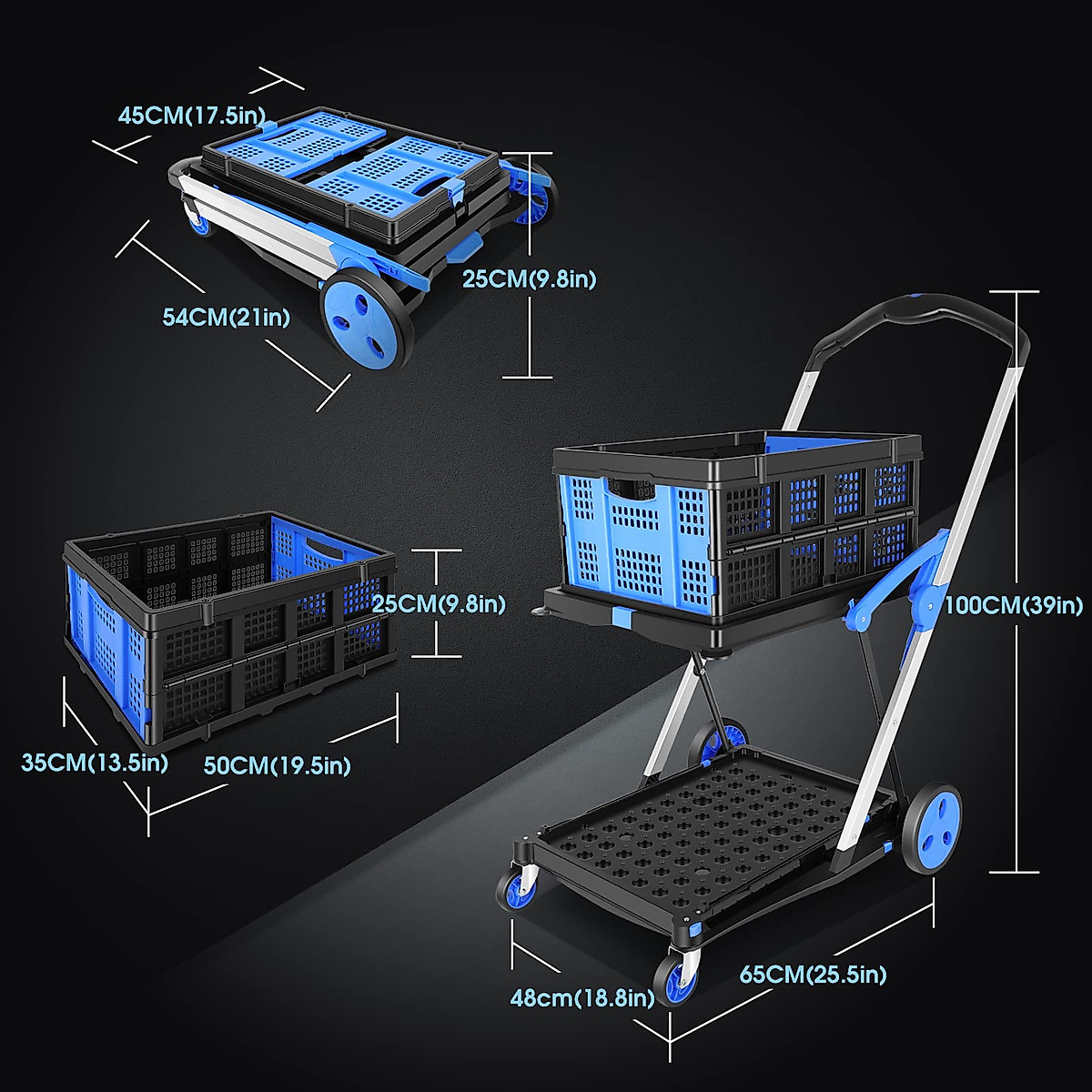 Collapsible Utility Cart,Multi use Functional Shopping Carts with Storage Crate Adjustable Moving Cart Folding Trolley Lightweight, Storage Cart with Removable Basket Carries