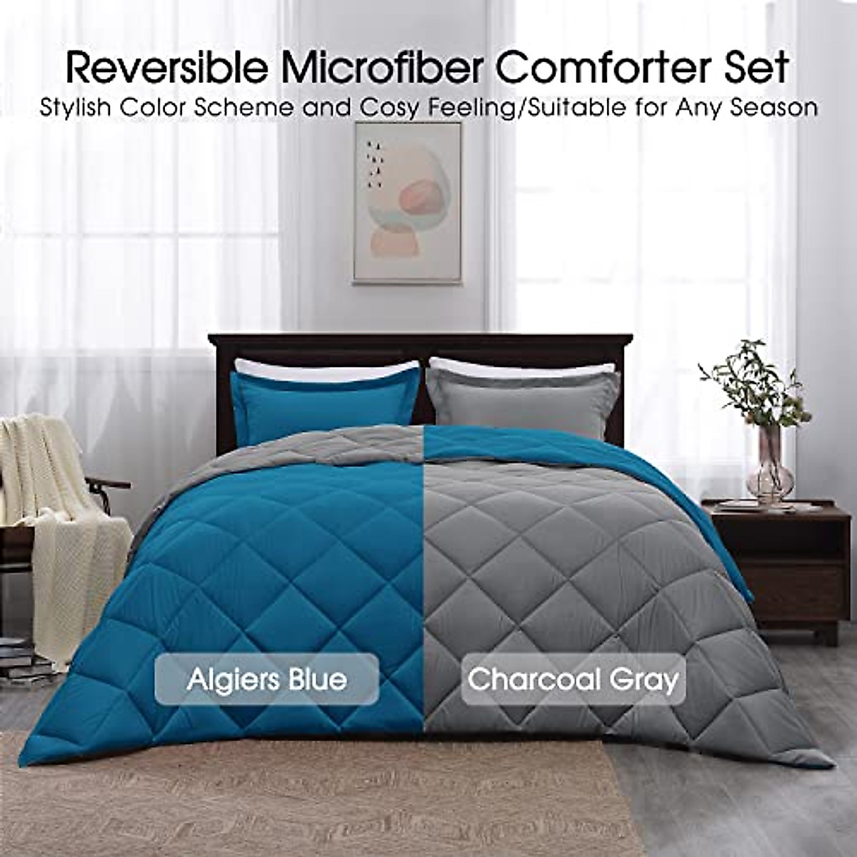 Basic Beyond Down Alternative Comforter Set (Queen, Algiers Blue/Charcoal Gray) - Reversible Bed Comforter with 2 Pillow Shams for All Seasons