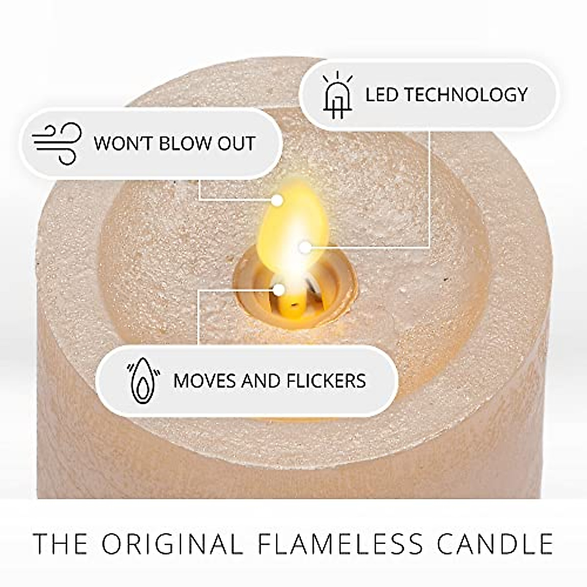 Luminara Realistic Artificial Flame Frosted Champagne Metallic Glitter Candle (3 x 6.5-inch) Moving Flame LED Battery Operated Lights - Unscented - Remote Sold Separately