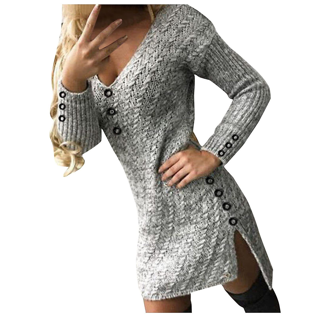 FAMOORE Sexy Long Sleeve Plus Size Dress for Women Women's Long Sleeve Dress Knit Sweater Short Sexy Dress Striped Midi Dress Grey