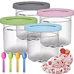 BBAUER Ice Cream Containers 4 Pack for Ninja Creami Pints and Lids,Compatible with NC301 NC300 NC299AMZ Series Ice Cream Maker,16oz Cup,with 4 PC Spoons,Dishwasher Safe,Pink/Green/Grey/Blue