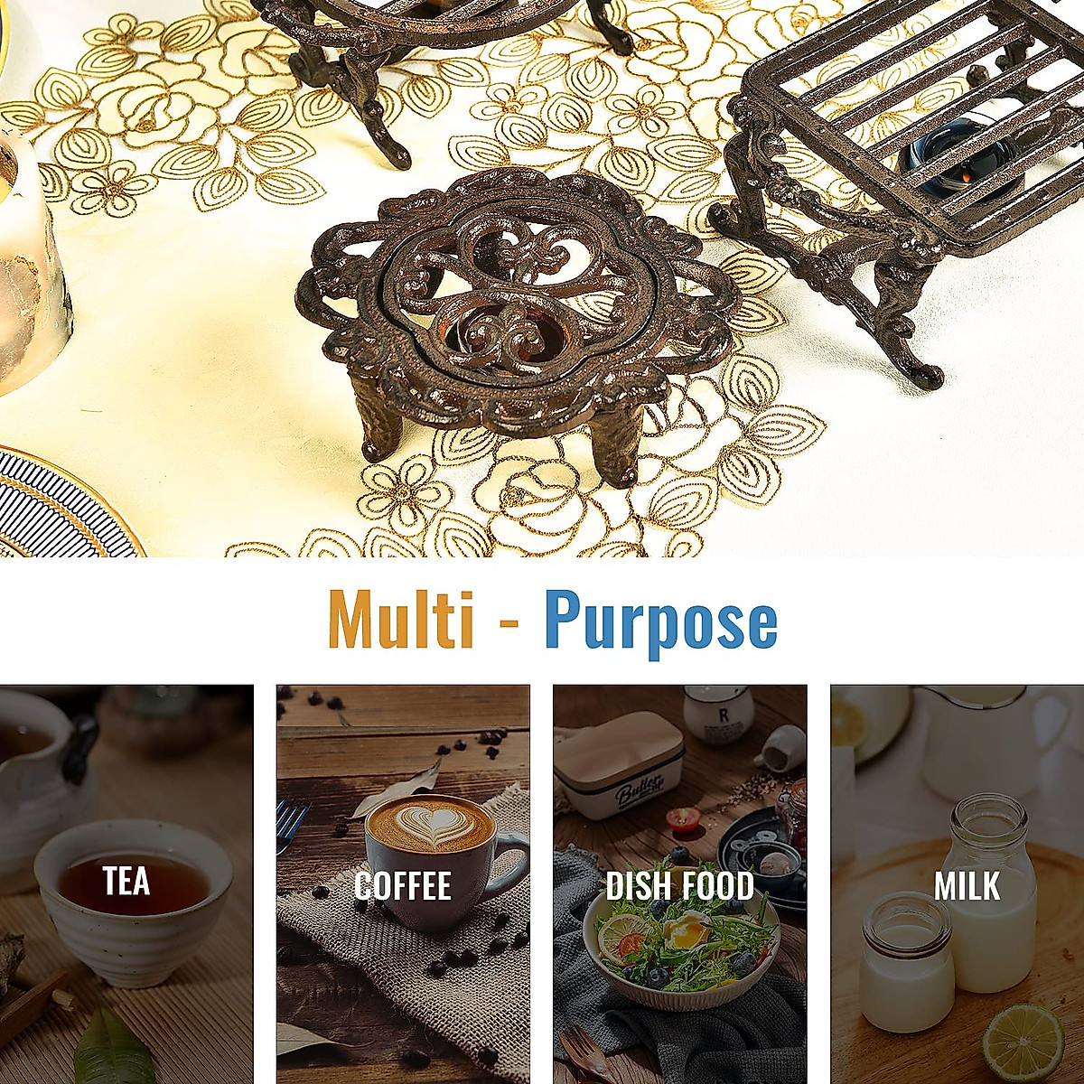 Sungmor Cast Iron Teapot Warmer Dish Cups Heater Pot Trivet - Rustic & Graceful Pattern Design with Tealight Holder - Heavy Duty & Decorative Candle Holder Stands for Heat Food Coffee Milk or Tea