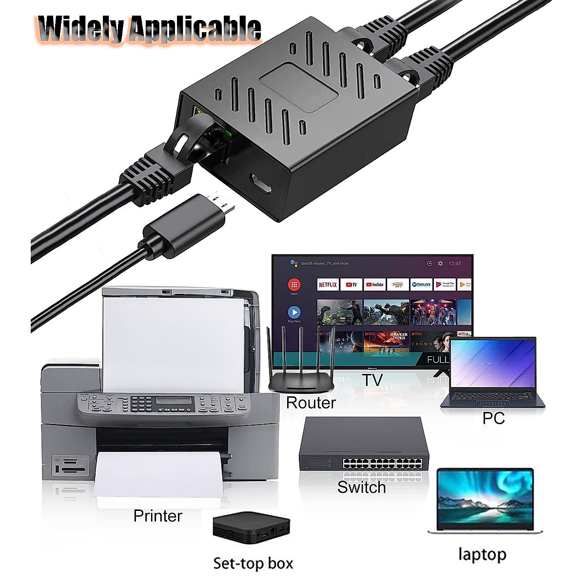 MVBOONE Ethernet Splitter 1 to 2 [Simultaneous Networking], RJ45 Network Switch Extender Converter with USB Power Cable, Suitable for Computer/Router/TV Box, CAT 5/6/6E/7/8
