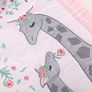 HUPO 4 PC Crib Bedding Set for Girls, Pink Nursery Crib Bedding Set GiraffeBlush Pink Flower, Crib Sets Including Crib Skirt, Crib Quilt, Crib Sheet and Diaper Stacker, Deer-pink