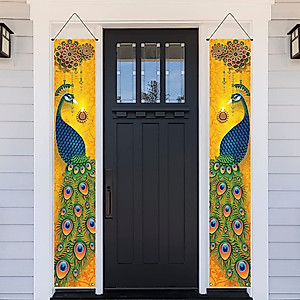 Banners,Happy Diwali Porch Banner Indian Diwali Peacock Front Porch Welcome Sign Deepawali Indian Festival of Lights Decorations-12×71''