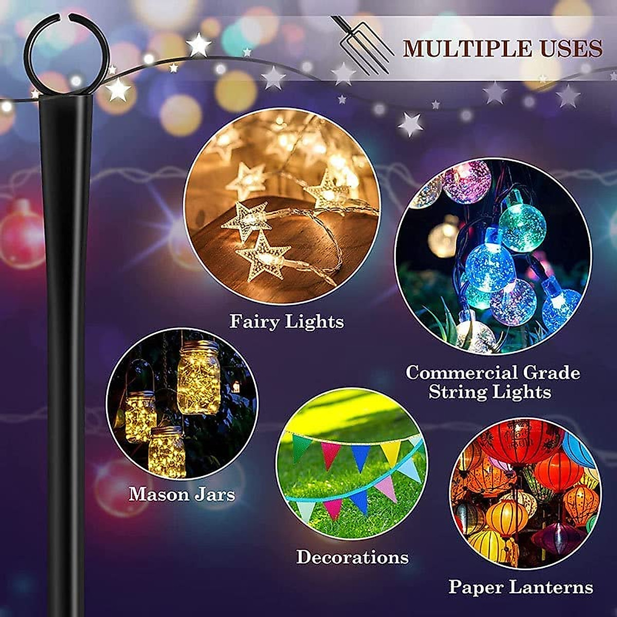 String Light Poles 10 FT, 2 Pack Light Poles for Outside String Lights, Outdoor Light Poles with Fork, Fence Brackets, Base for Hanging String Lights, Metal Poles Stand for Patio Deck Backyard