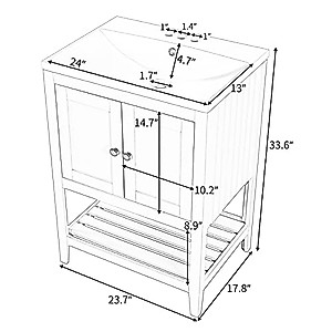 Merax 24" Modern Sleek Bathroom Vanity Elegant Ceramic Sink with Solid Wood Frame Open Style Shelf, Brown