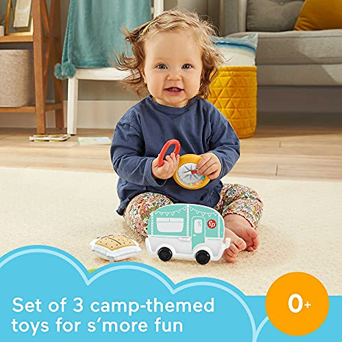 Fisher-Price S'More Fun Camping Gift Set, 3 Outdoor-Themed Baby Toys and teether for Infants Ages 3 Months and up