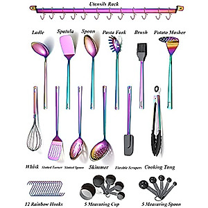 Rainbow Cooking Utensils Set, Kyraton Stainless Steel 37 Pieces Kitchen Utensils Set with Titanium Colorful Plating, Kitchen Tool Gadgets Set with Utensil Rack Heat Resistant Dishwasher Safe