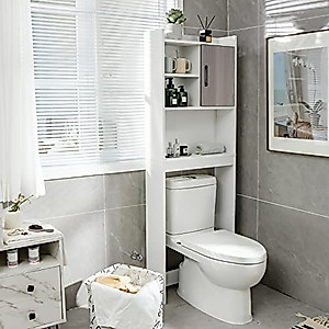 Tangkula Over The Toilet Storage Cabinet, Freestanding Tall Bathroom Organizer with Open Storage Shelves and Enclosed Storage Cabinet, Versatile Space Saver for Bathroom Toilet Laundry Room (White)
