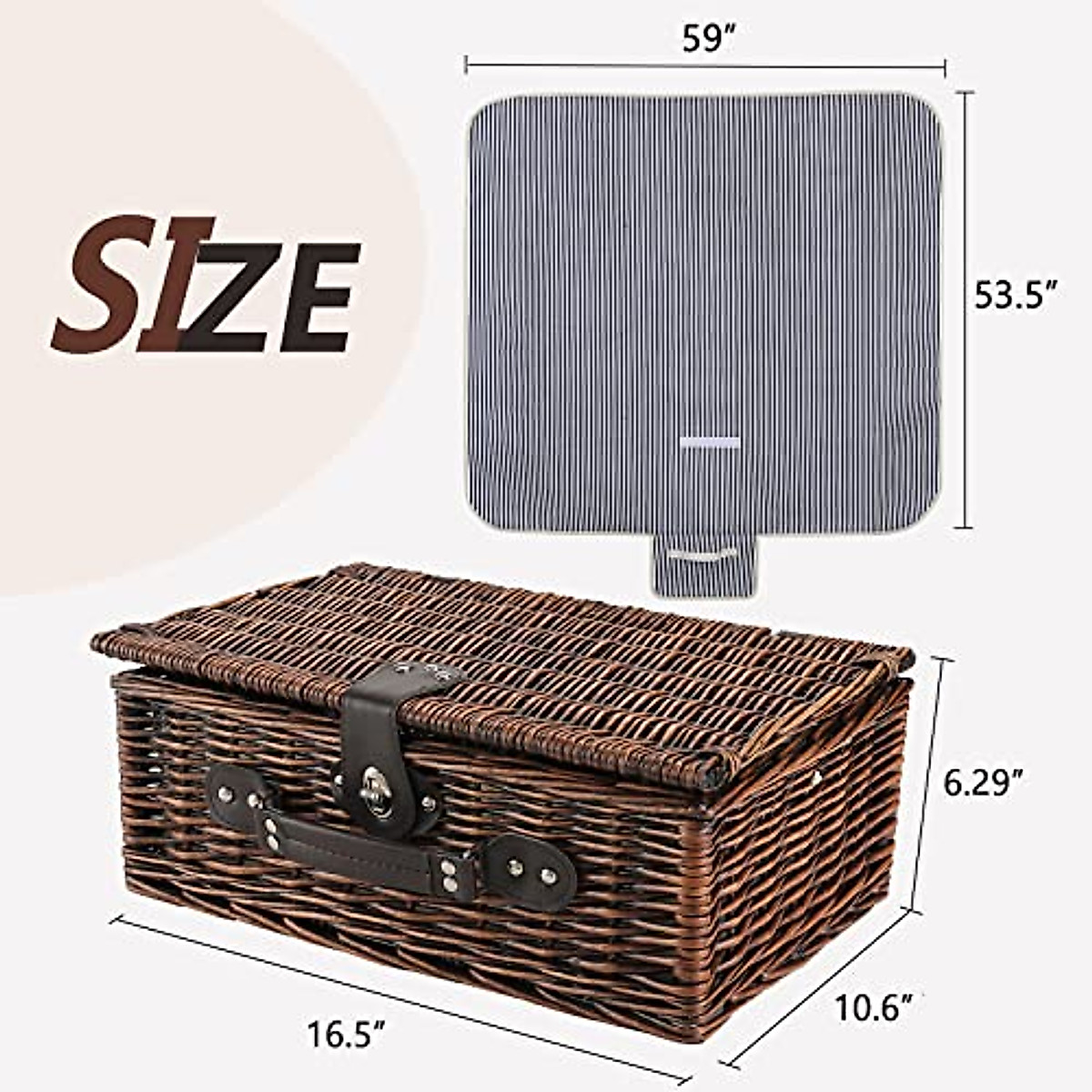 HYBDAMAI Willow Picnic Basket Set for 4 Persons with Waterproof Picnic Blanket, Wicker Picnic Basket for Camping, Outdoors, Valentine's Day, Christmas, Thanksgiving, Birthday