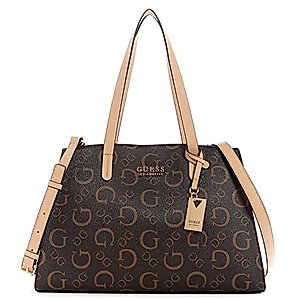 GUESS Women's Elsa Logo Print Satchel Crossbody Bag Handbag - Natural/Brown