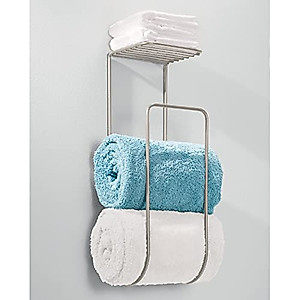 mDesign Bathroom Towel Holder and Organizer with Storage Shelf - Modern Metal Wall Mount Towel Rack - Towel Holder Rack for Bathroom with Shelf for Soaps and Accessories - Concerto Collection - Satin