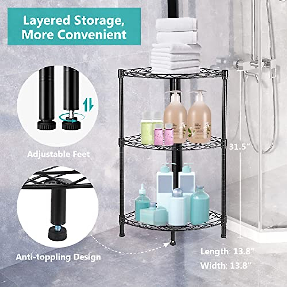 3 Tier Corner Wire Shelving Unit, Adjustable Wire Rack Shelving, Metal Wire Storage Shelves for Kitchen, Pantry, Laundry, Bathroom, Closet (13.8" D x 13.8" W x 31.5" H, Black)