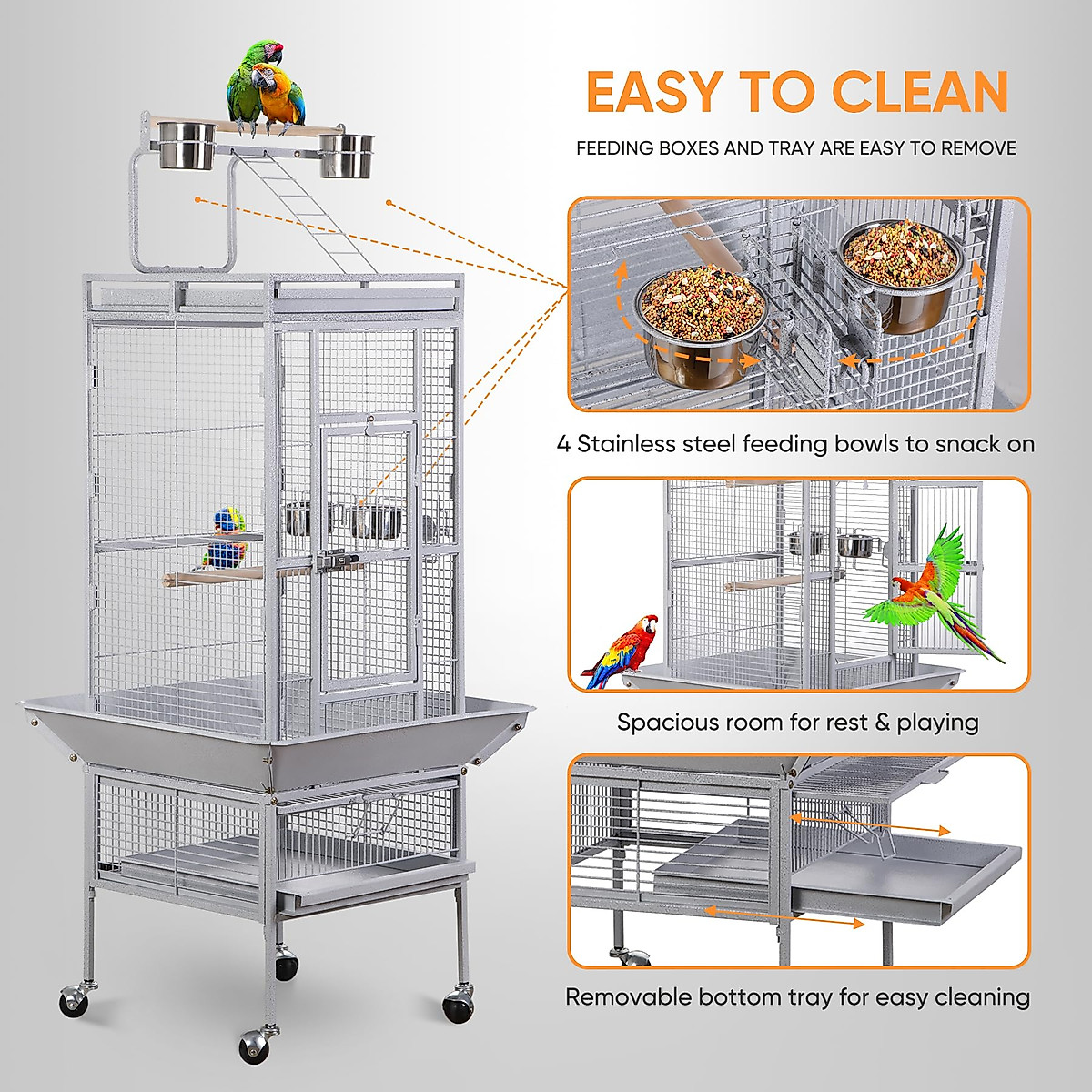 SUPER DEAL PRO 61-inch 2in1 Large Bird Cage with Rolling Stand Playtop Parrot Chinchilla Finch Cage Macaw Conure Cockatiel Cockatoo Pet House Wrought Iron Birdcage, White
